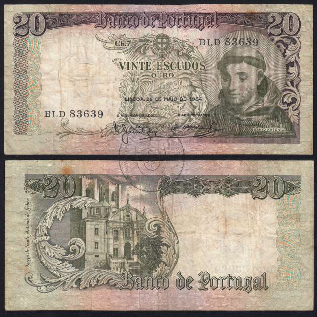 NT.PT.62.BLD.83639 - Nota de 20 Escudos 1964 Santo António, 20$00 26/05 ...
