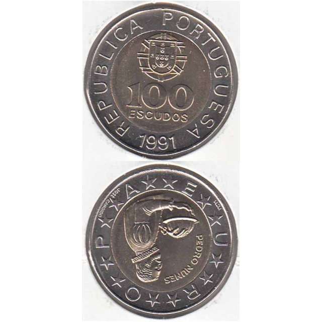 RP.11.AG.R.84.06A.BL - CEM ESCUDOS (100$00) BIMETÁLICA 1991 10 SECTORES